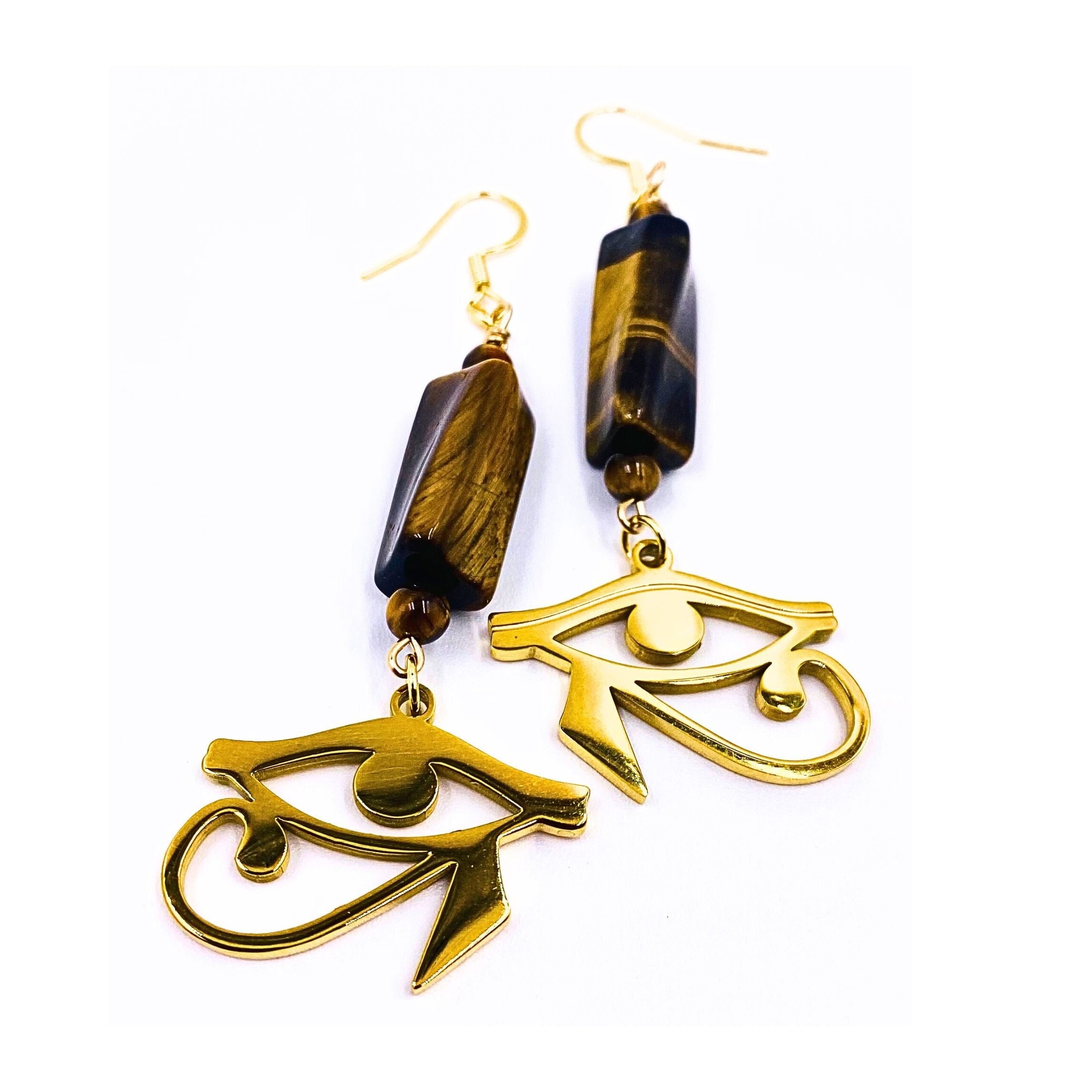 Eye of Horus 18k Gold Earrings, Hypoallergenic Tiger’s Eye Egyptian ...