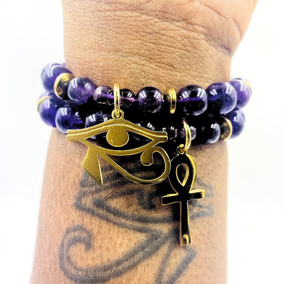 Purple Amethyst and 18k Gold of Heru/horus Ankh Bracelet Set, Egyptian ...