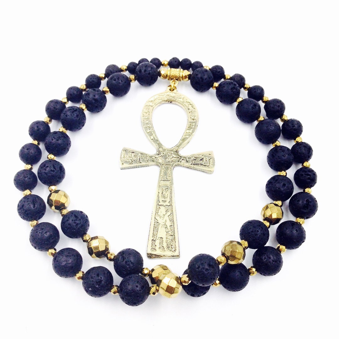 Ankh Necklace With Black Lava Stone and Gold Hematite Necklace Egyptian ...