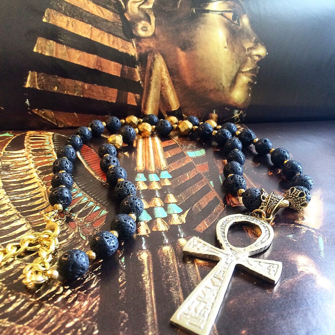 Ankh Necklace, Lava Stone and Gold Hematite Necklace, Egyptian Ankh ...