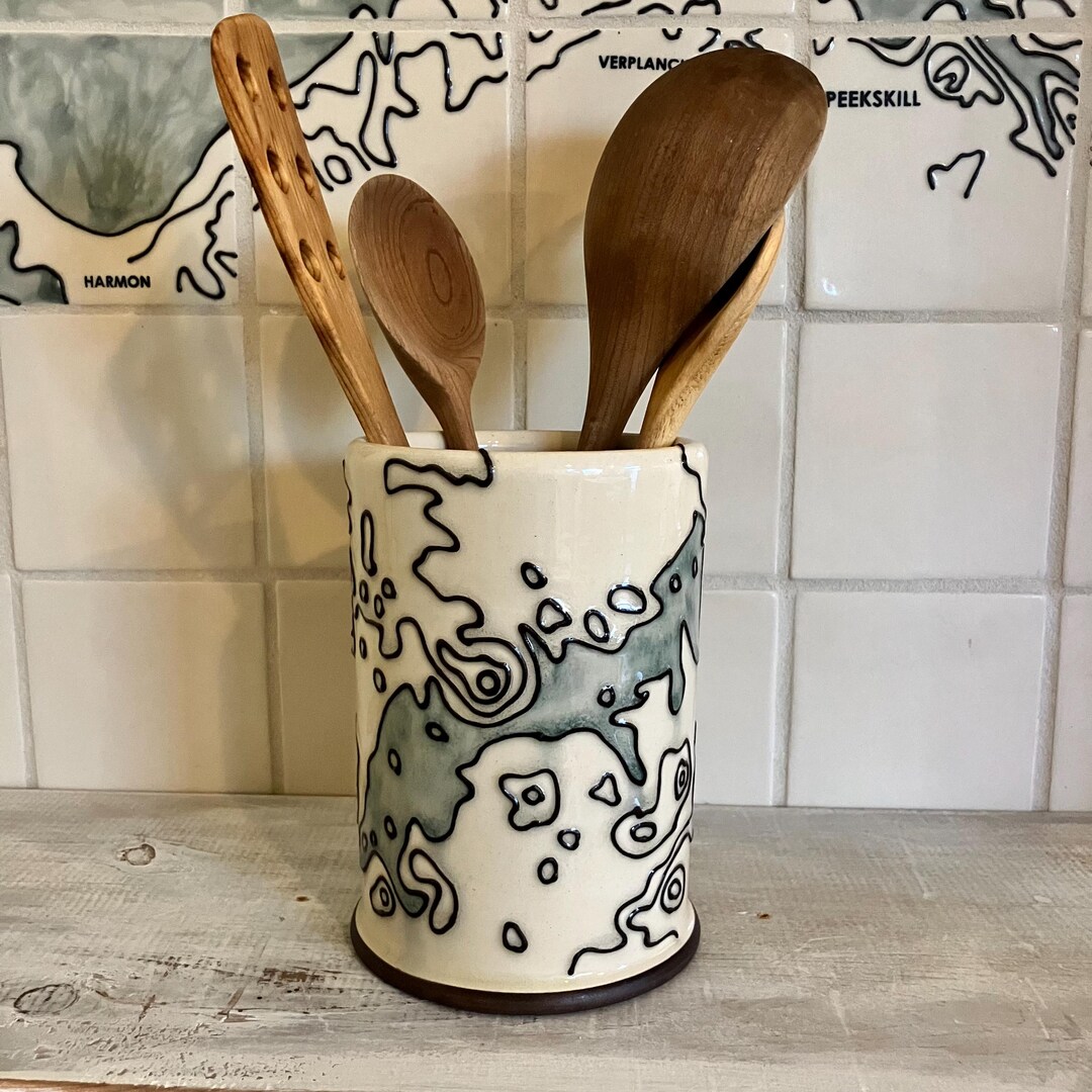 Upper Saranac Lake Utensil Holder Map Pottery Handmade Pottery ...