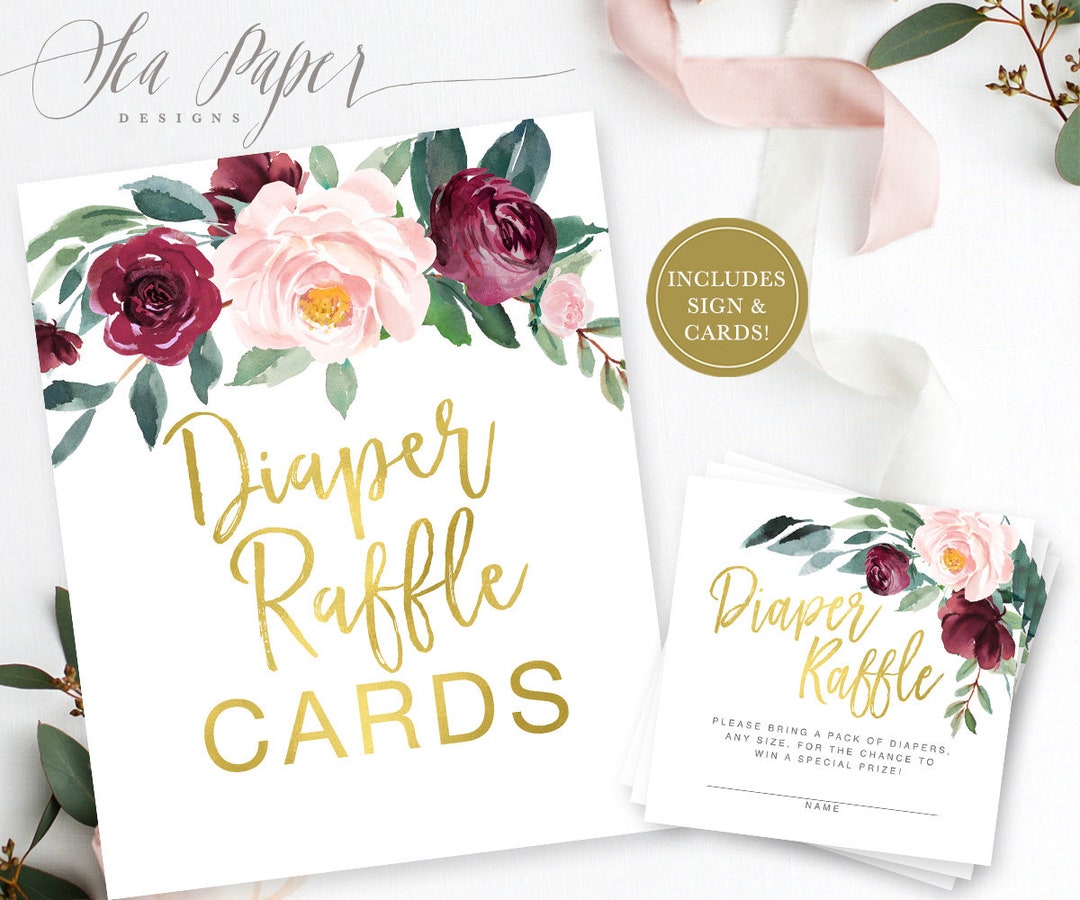 Tarjetas y letrero de rifa de pañales flores rosas borgoña y - Etsy España