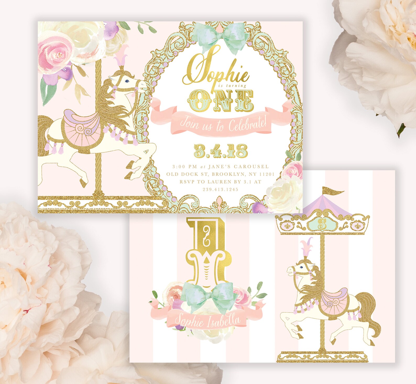 Carousel Girl's 1st Birthday Party Invitation Carousel | Etsy