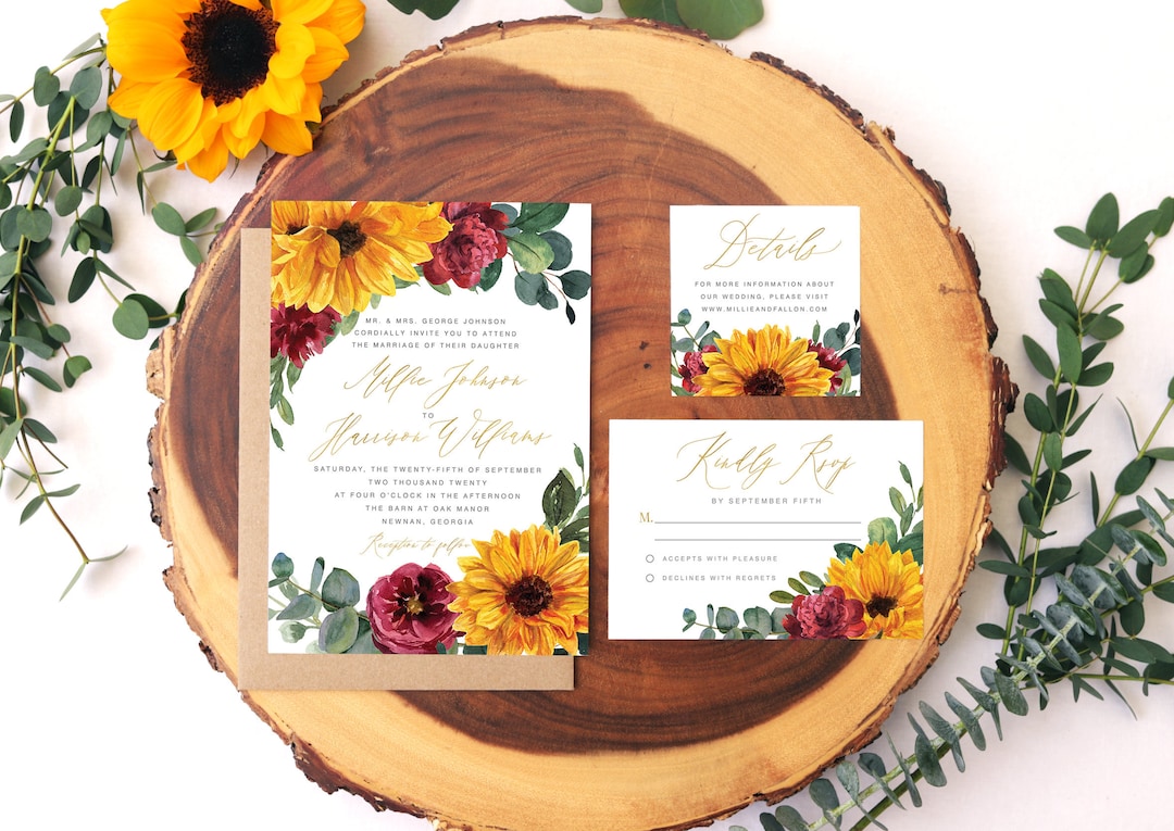 Custom Printed Sunflower Wedding Invitation, Fall Wedding Invitations ...
