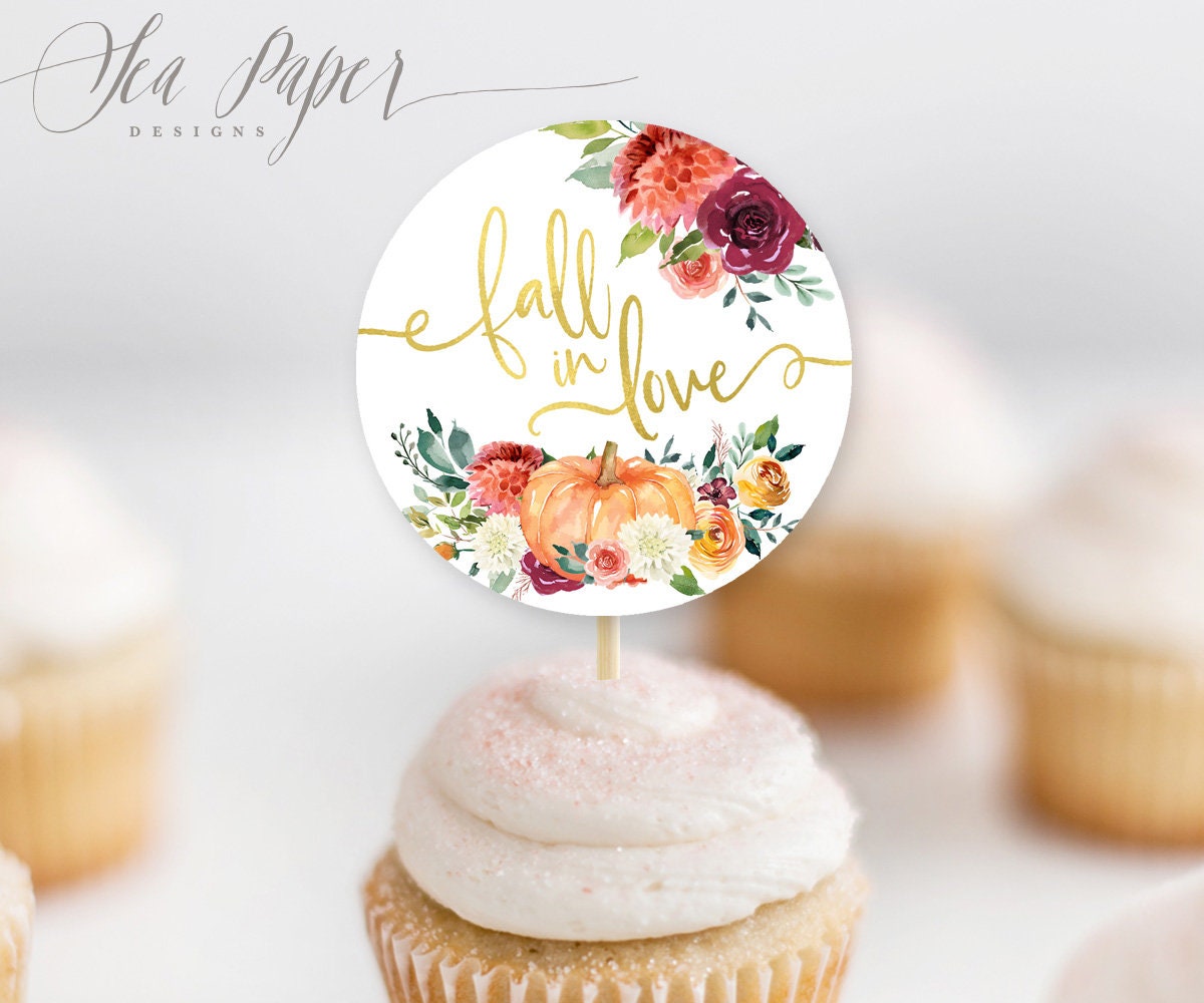 Printable Fall Cupcake Toppers - Fall in Love Pumpkin Cupcake Toppers ...