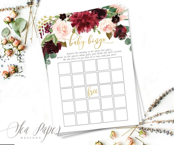Printable Baby Bingo Baby Shower Game Card, Baby Shower Games, Burgundy ...