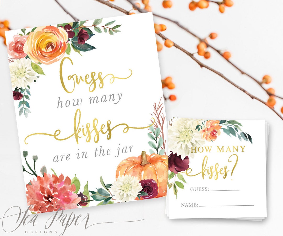Fall Guess How Many Kisses? Are in the Jar Sign & Cards, Bridal / Baby ...