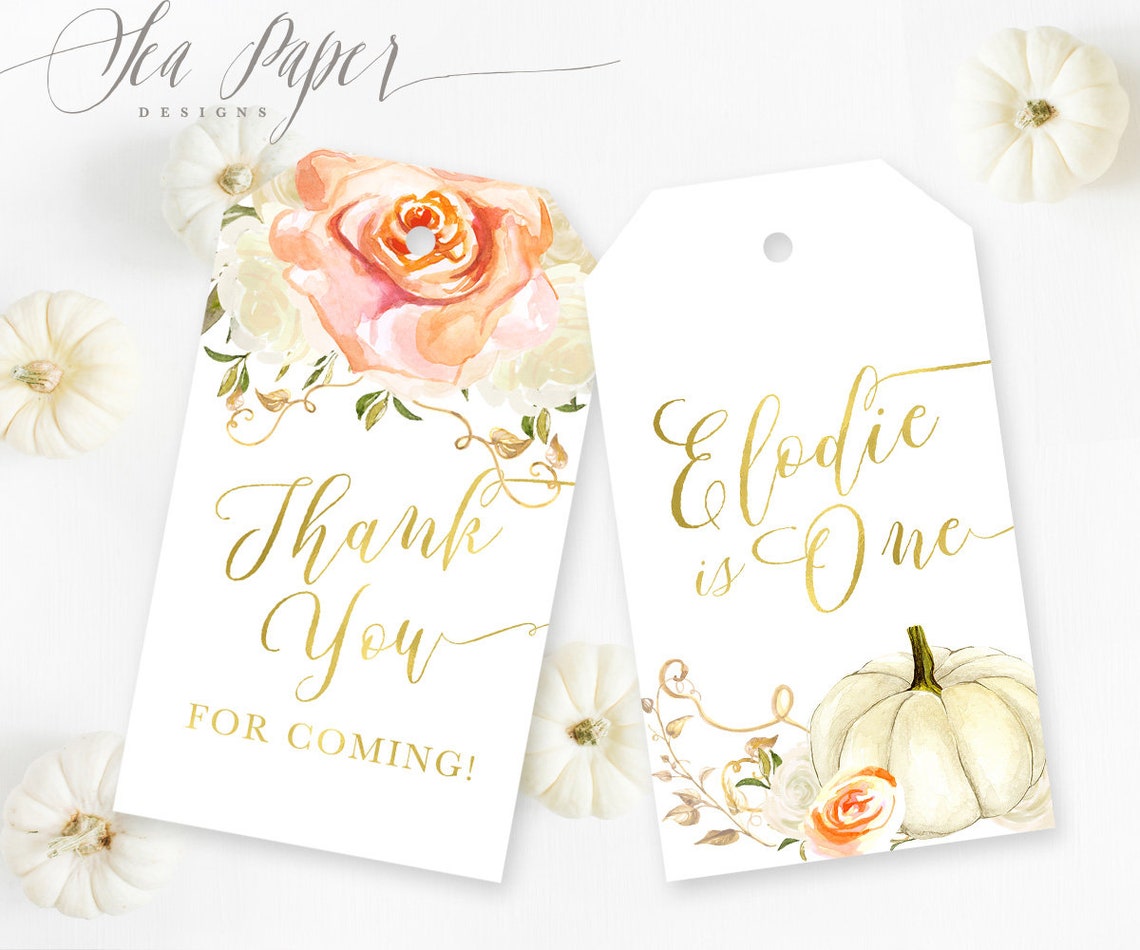 Fall Favor Tags - Printed, Tag Shape - Pumpkin and Orange Floral Favor ...