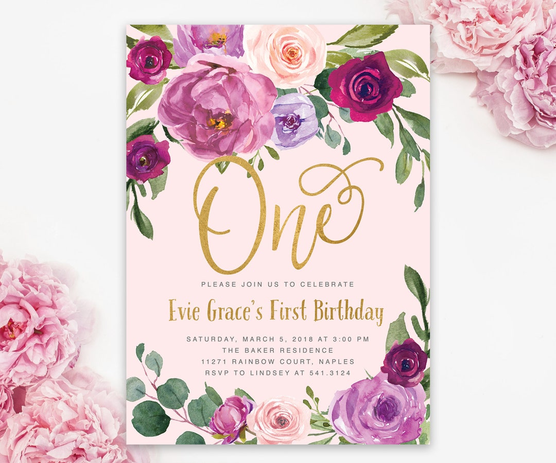 Girl First Birthday Invitation: Girl's 1st Birthday Invite, Turning One ...