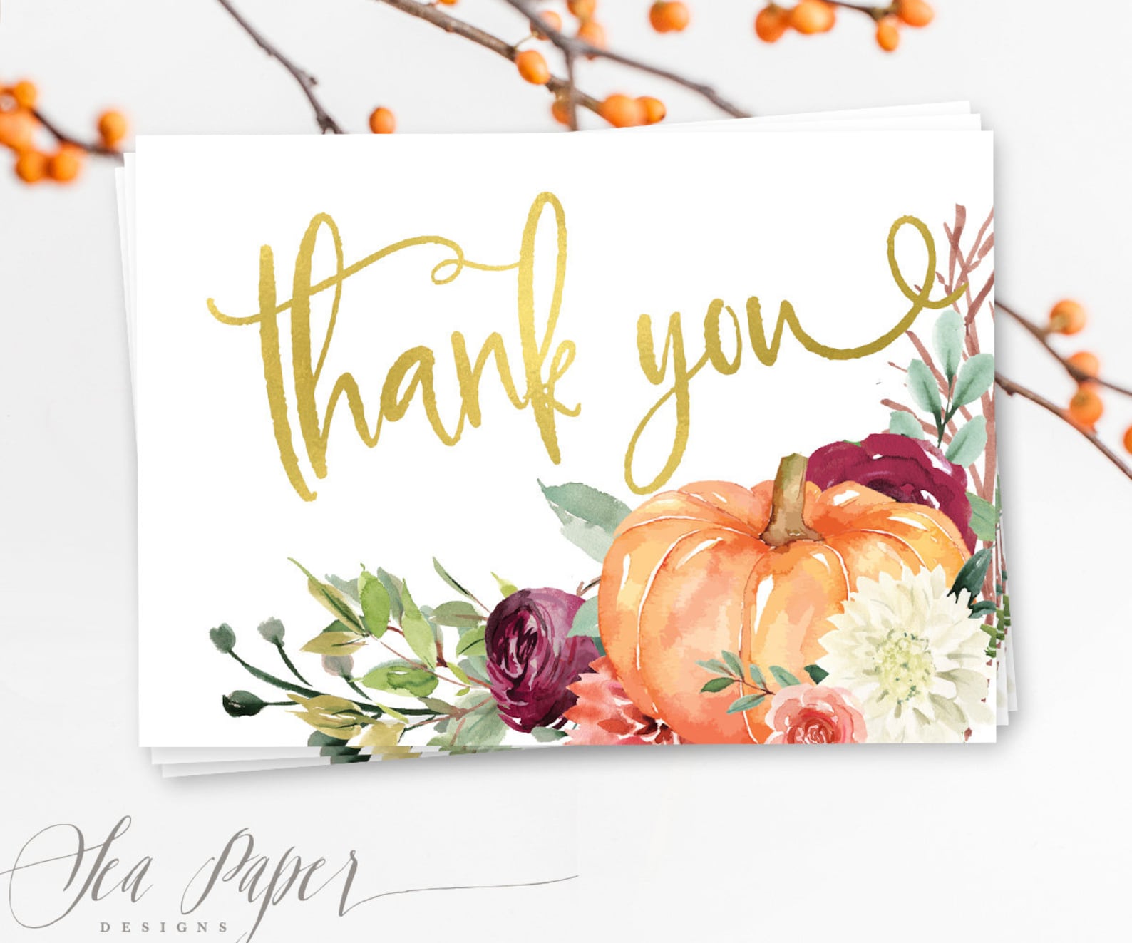 Fall Thank You Cards, Pumpkin Thank You Cards, Printable Fall Thank You ...