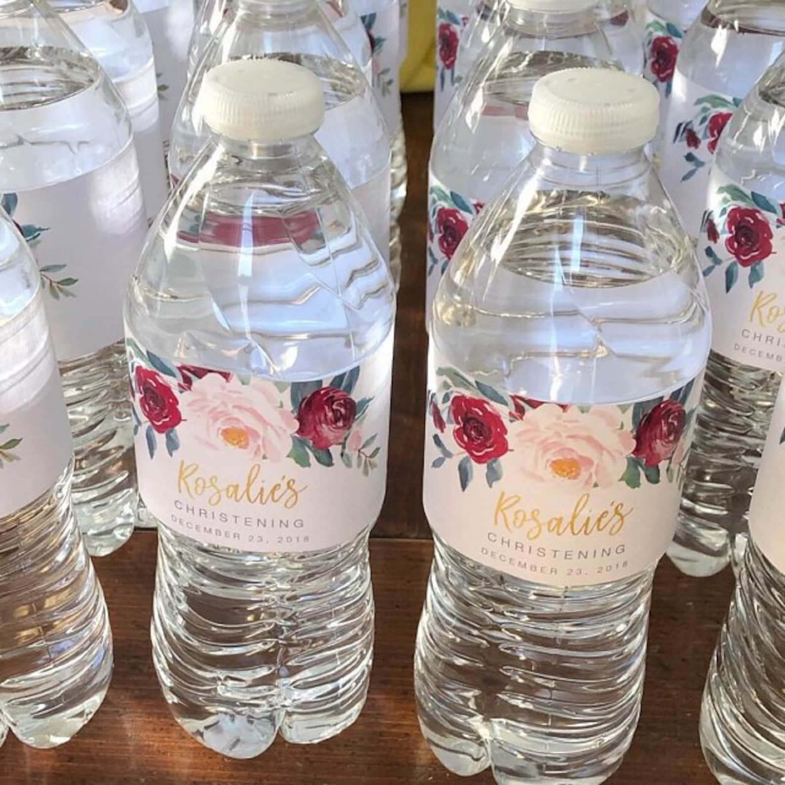 Water Bottle Labels, Burgundy & Blush Pink Flowers - Printed ...