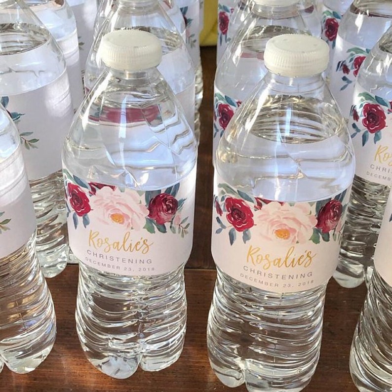 Water Bottle Labels, Burgundy & Blush Pink Flowers - Printed ...