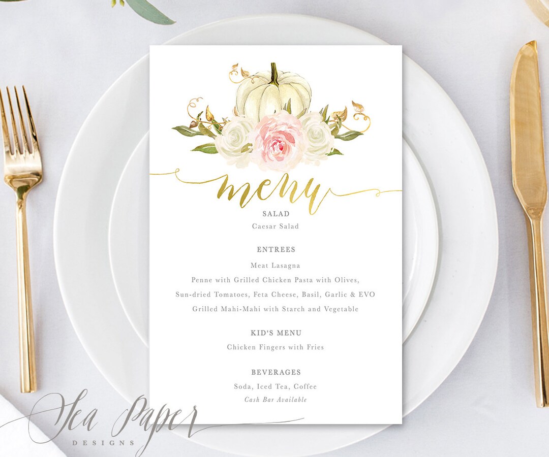 Fall Party Menu - Printed/ Printable - Pumpkin Menu, Fall Pink Flowers ...