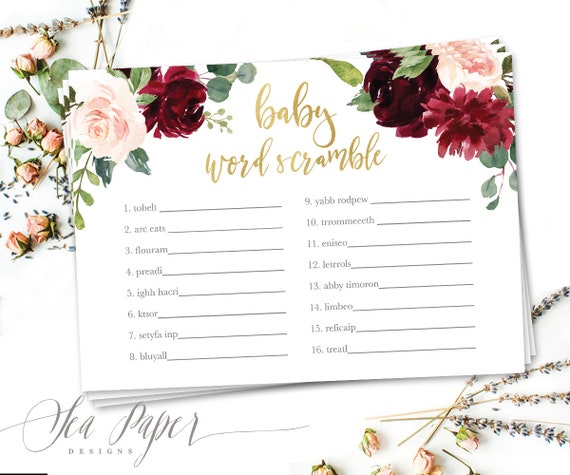 Baby Word Scramble Printable Baby Shower Game Burgundy & | Etsy