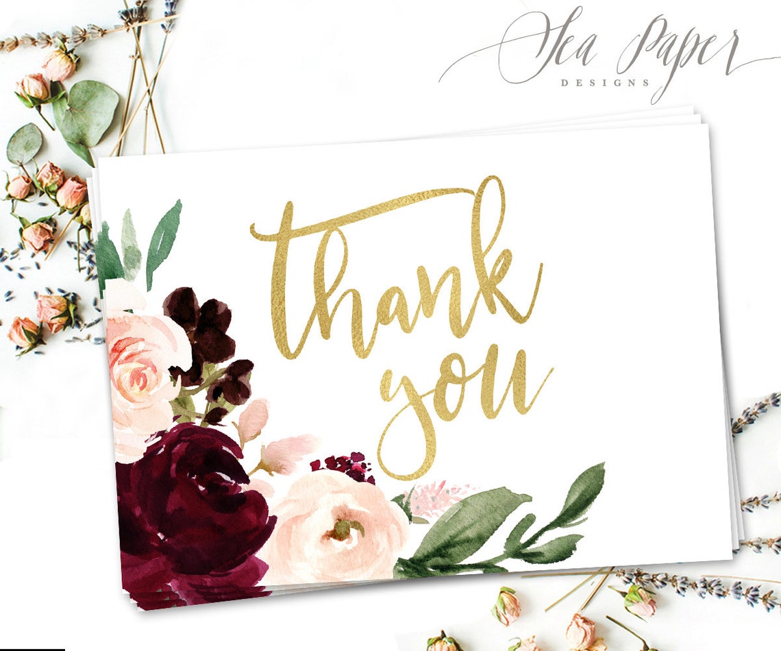 Printable Floral Thank You Cards, Printable Thank You Cards, Burgundy ...