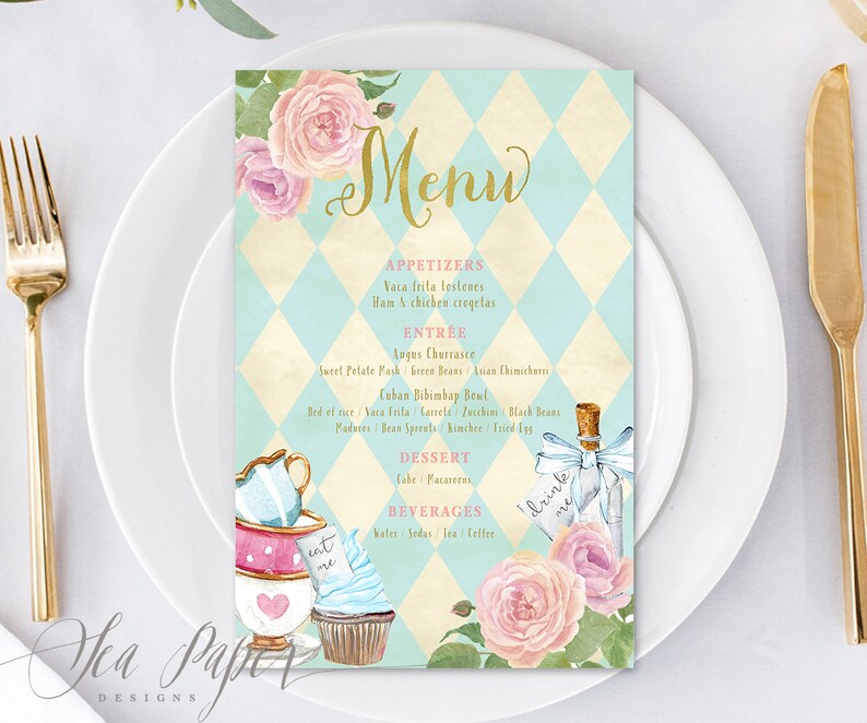 Alice in Wonderland Party Menu Printed or Printable Alice | Etsy