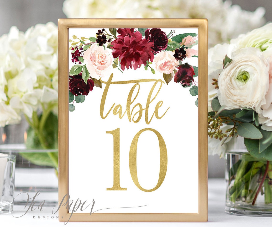Printable Table Numbers Blush Pink and Burgundy 1-20 - Etsy