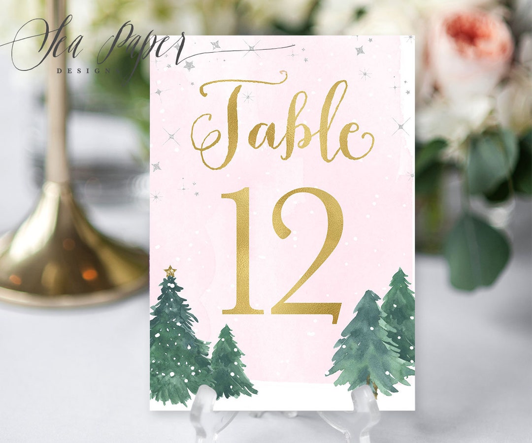 Printable Table Numbers - Pink Holiday Winter Trees and Snow - #1-20 ...