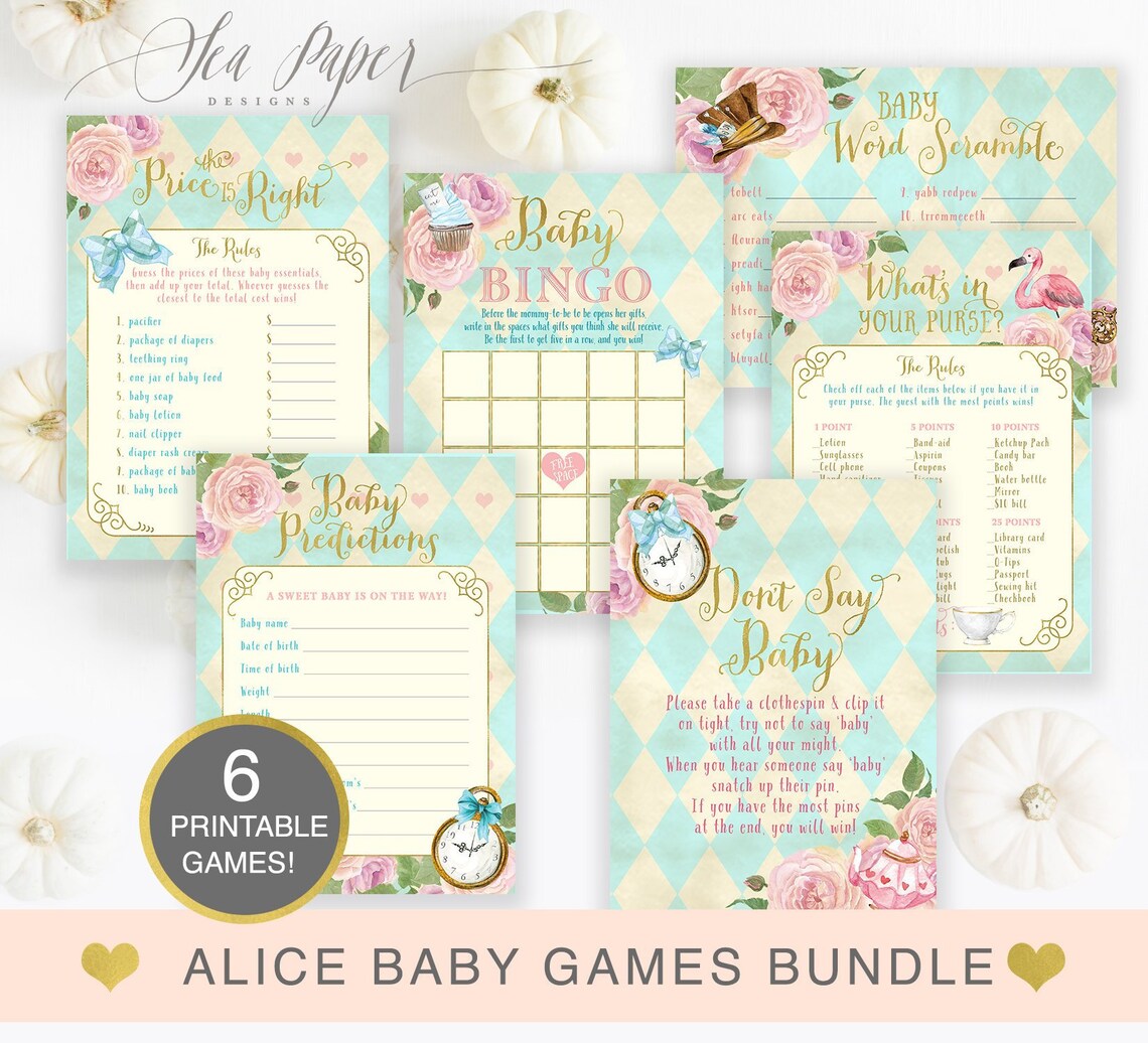 Alice in Wonderland Baby Shower Games Pack, Alice in Wonderland ...