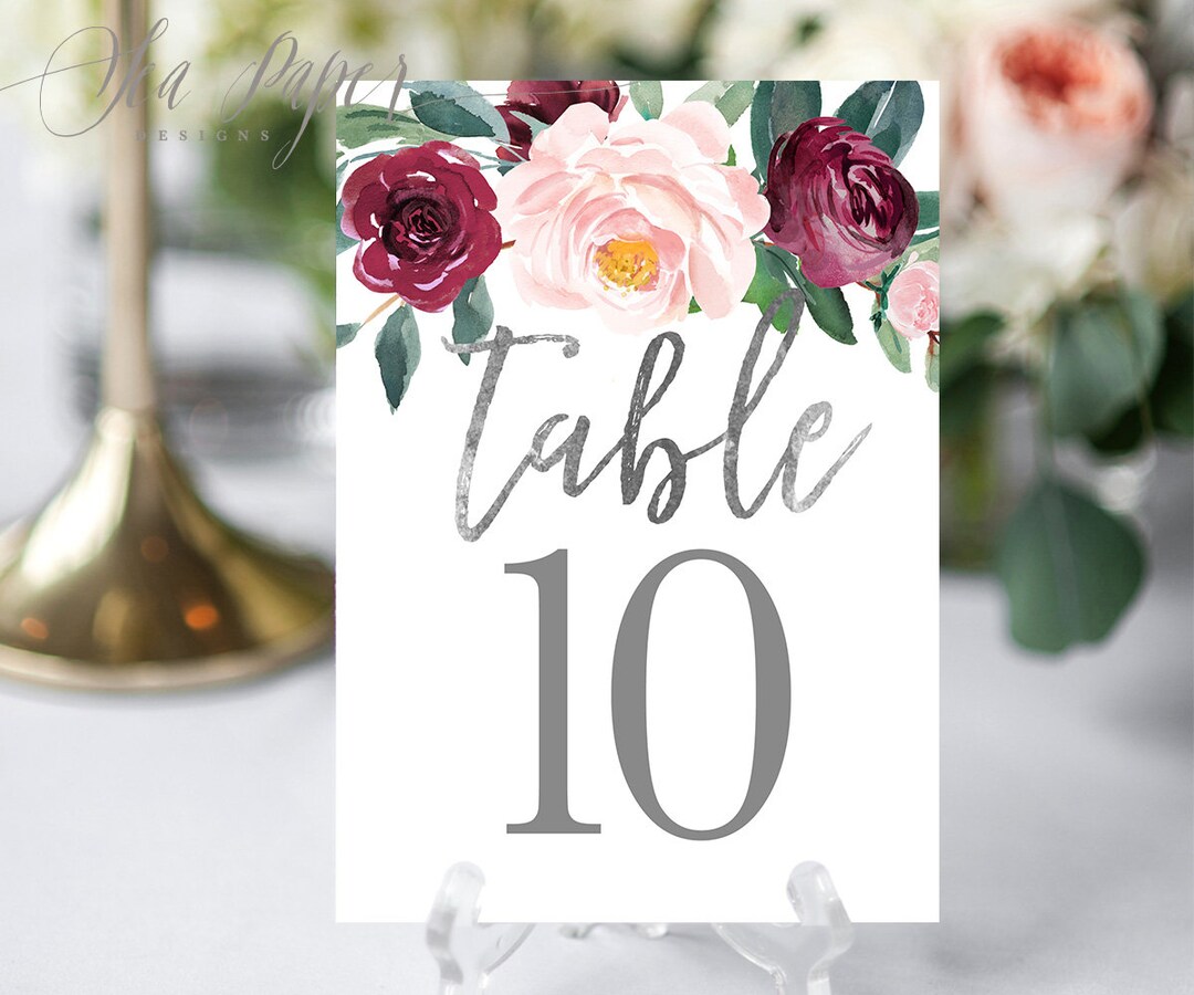 Printable Table Numbers - Blush Pink and Burgundy - 1-20, 4x6" & 5x7 ...