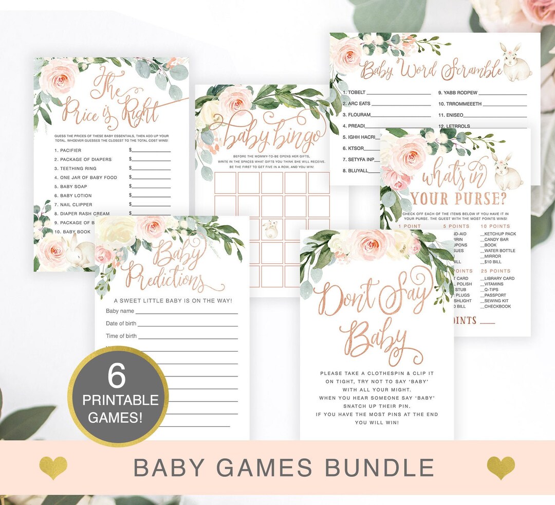 Floral Bunny Baby Shower Games Pack, Rose Gold Bunny Bundle, 6 ...