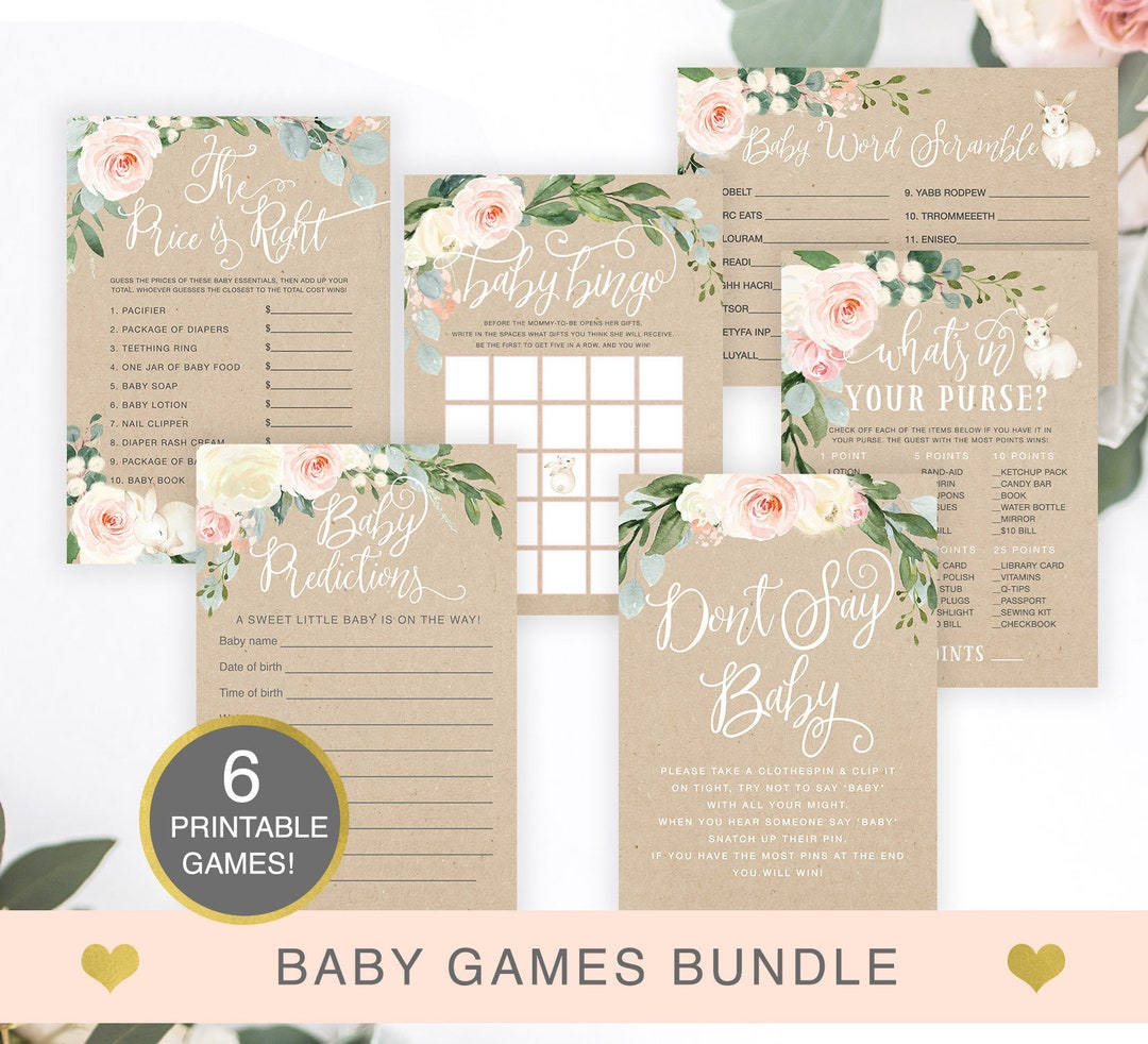 Floral Bunny Baby Shower Games Pack, Kraft Bunny Bundle, 6 Printable ...