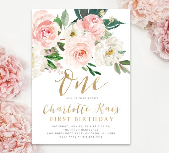 1st Birthday Girl Invitation Blush Pink and Gold First Birthday ...
