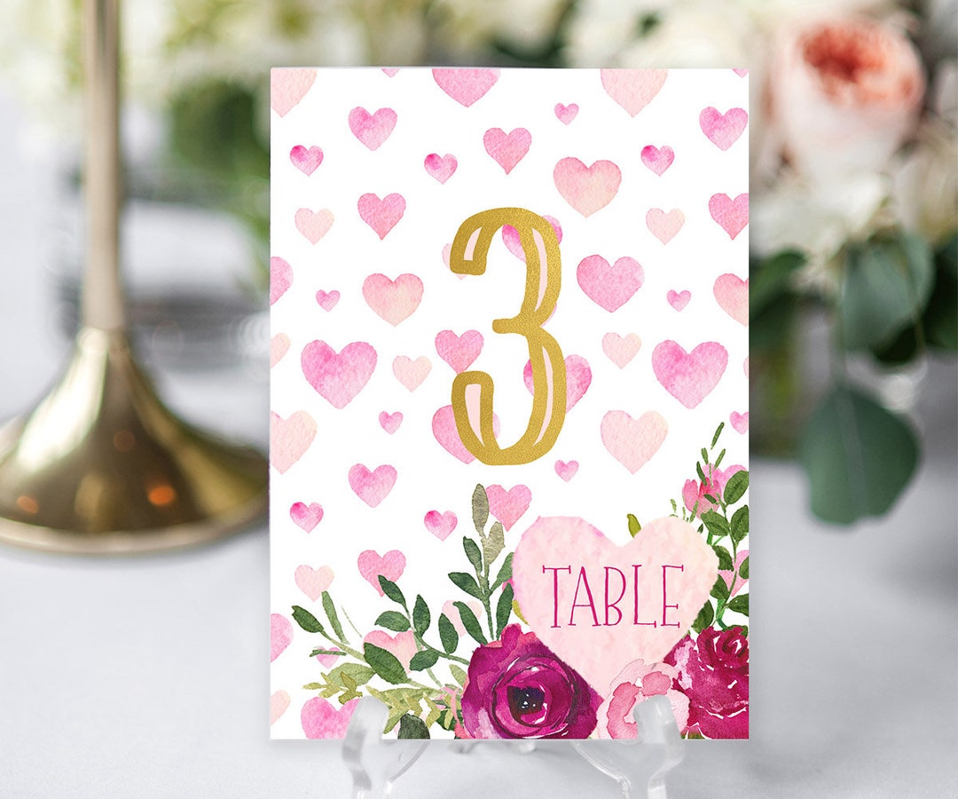 Printable Table Numbers - Valentines Pink With Hearts and Flowers - 1 ...
