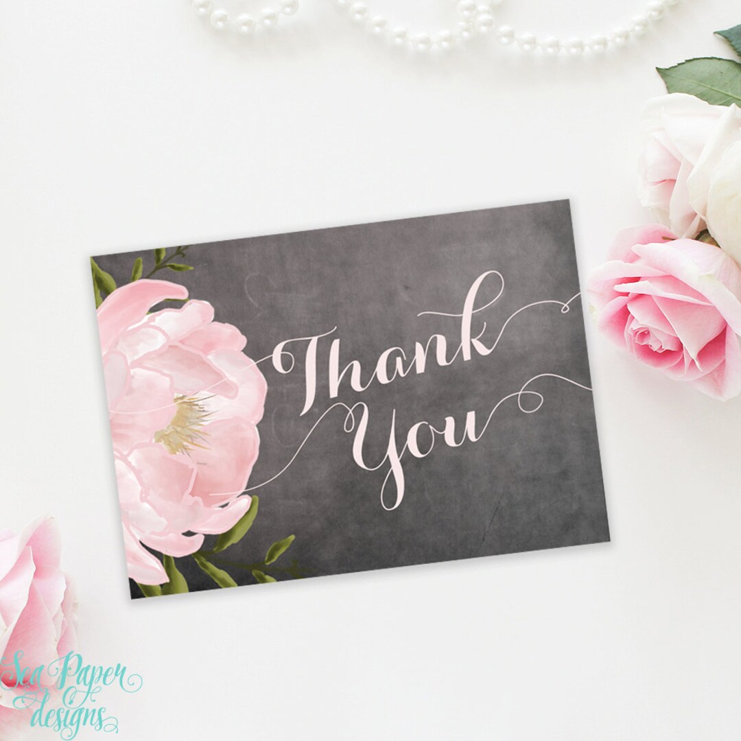 Emily Printable Thank You Cards: Chalkboard Roses & Peonies Floral ...