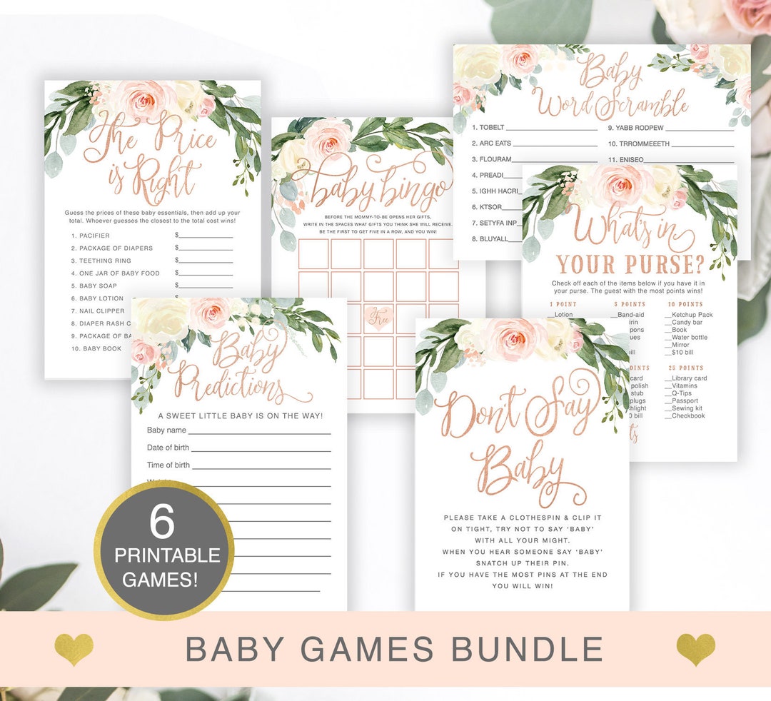 Floral Baby Shower Games Pack, Rose Gold Bundle, 6 Printable Baby ...