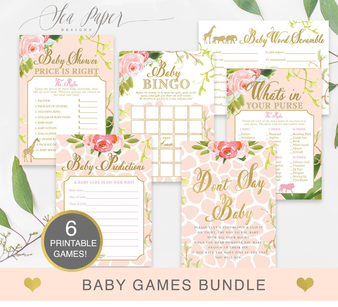 Nadia Pink Baby Shower Games Pack, Baby Shower Games Package, Bundle, 6 ...