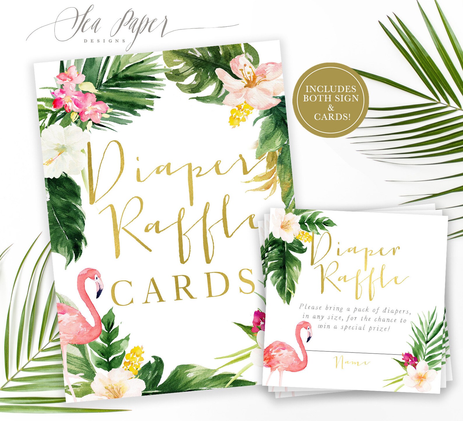 Diaper Raffle Cards and Sign Gold Tropical Flowers - Etsy