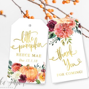 Fall Favor Tags - Pumpkin Favor Tag, Fall Burgundy Flowers & Orange ...