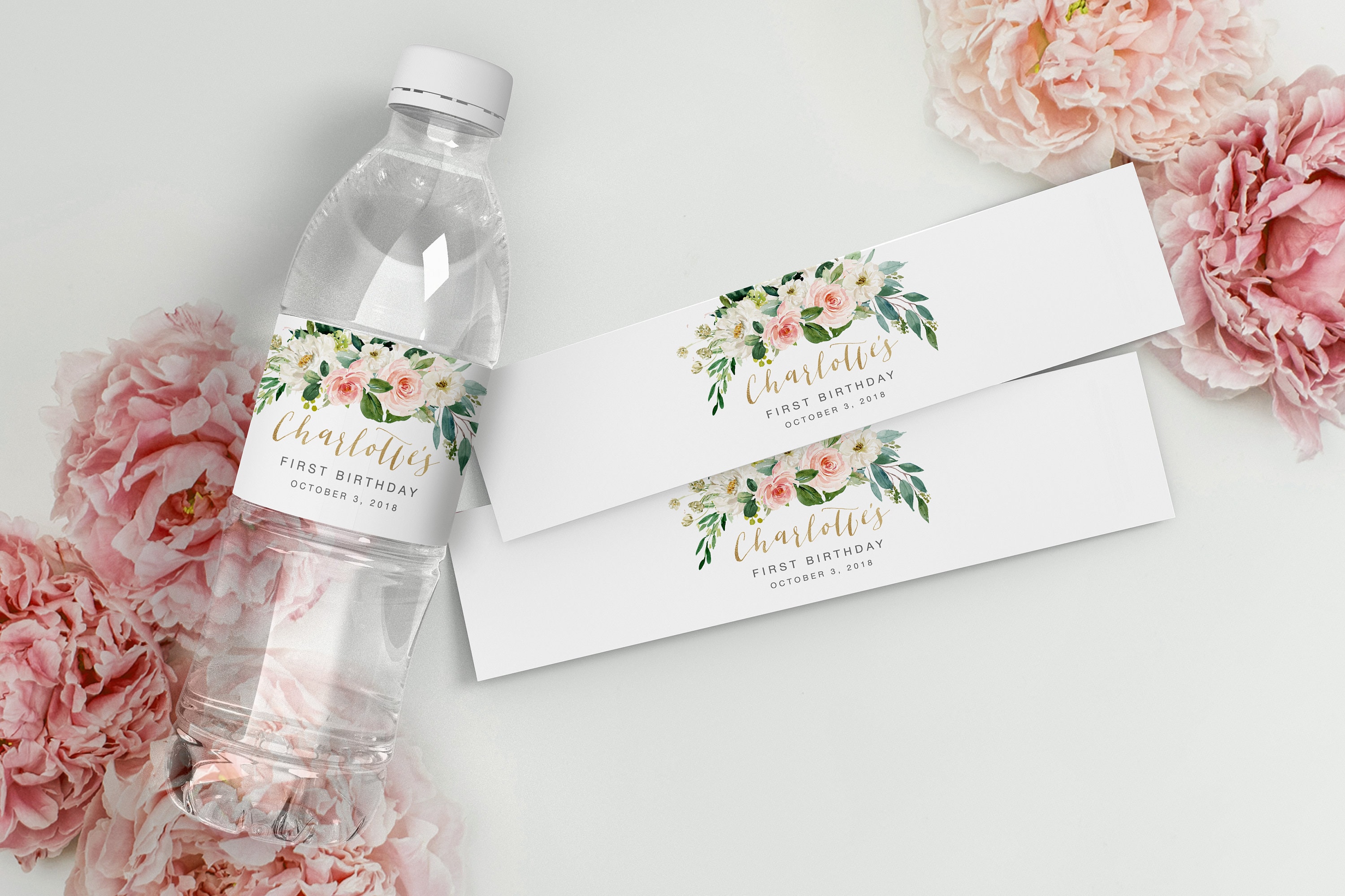 Water Bottle Labels, Blush Pink Roses & White Florals - Printed ...