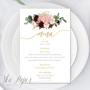 Fall Party Menu - Printed/ Printable - Pumpkin Menu, Burgundy & Blush ...