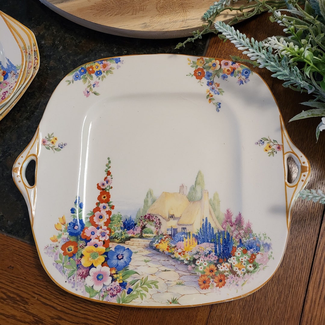 Vintage OLD ENGLAND GARDENS Square Handled Plate by Swinnertons ...
