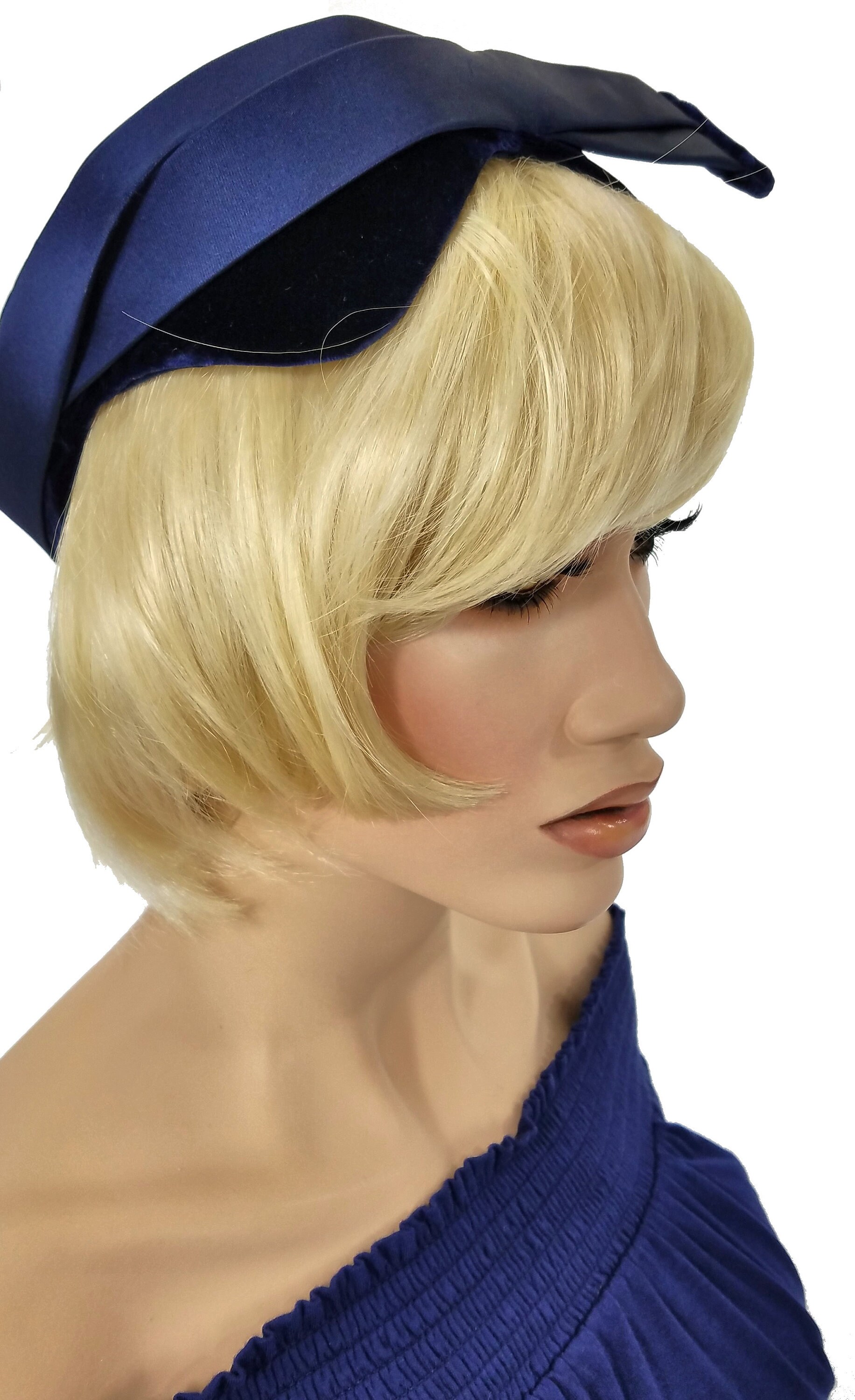 Vintage Blue Velvet Pillbox Hat With Bow, Fashioned by Ronnie, Blue ...
