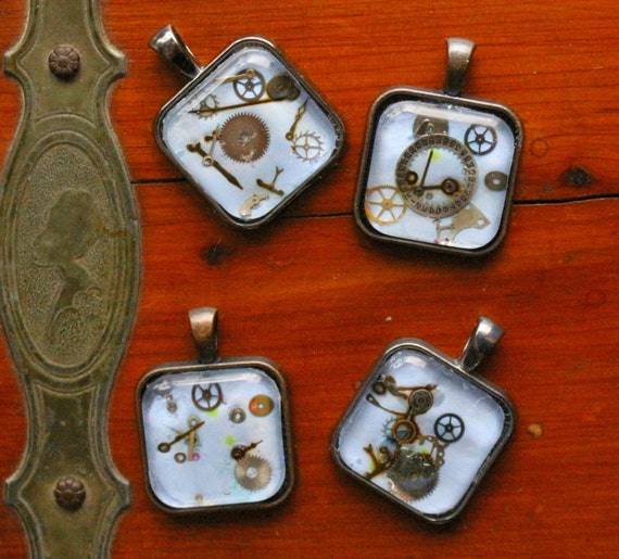 Watch parts necklace pendants square glass bits of time | Etsy