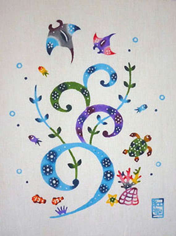 Bingata dyed fabric for the frameThe sea of Okinawa | Etsy