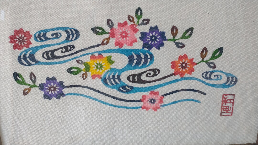 Bingata Painted Fabric for the Framecherry Blossoms and Running Water ...