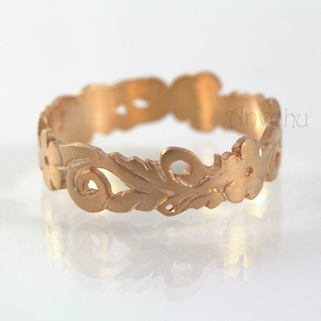 Floral Gold Band, Women Rose Gold Wedding Band, Leaves Wedding Band ...