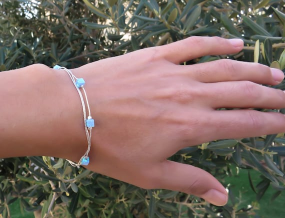 Blaue Opal Armband Wurfel Opal Perle Armband quadratische Opal Silber Armband Opal Schmuck winzige Opal Armband Perlen Armband minimale Armband Etsy