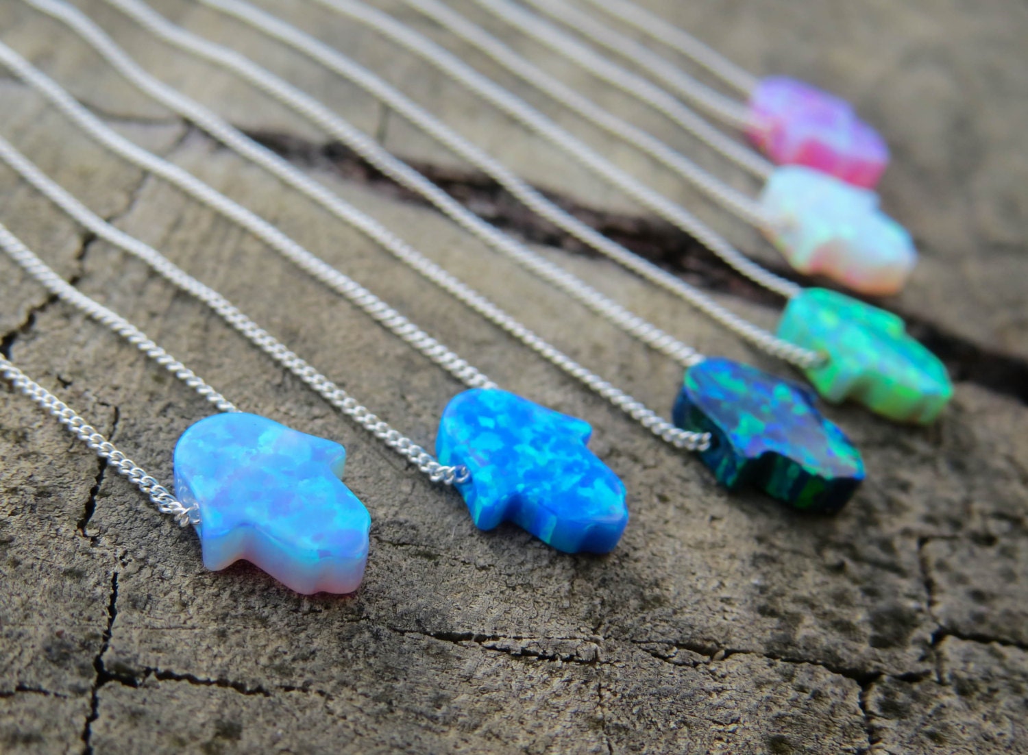 Hamsa Hand Necklace Synthetic Opal Hamsa Floating On Fine Clear ...