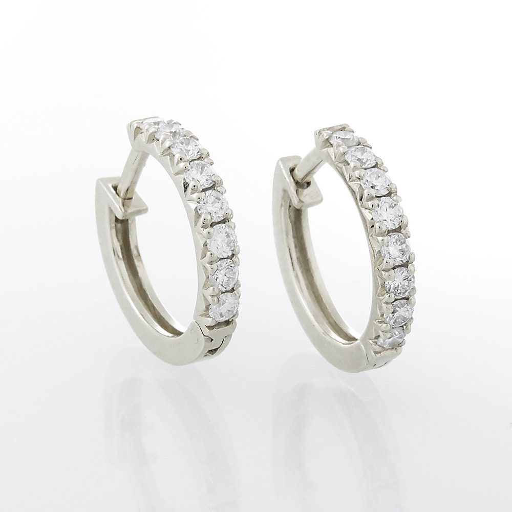 Diamond Hoop Earrings Solid Gold Diamond Earrings 14k | Etsy