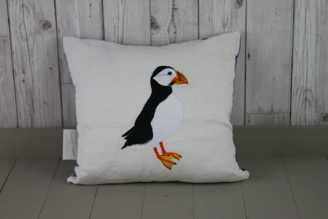 Puffin Cushion 16 White Linen and Nautical Cushion Embroidered Puffin ...