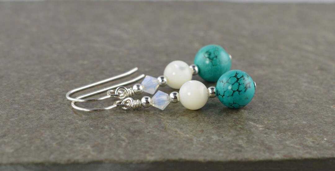 Gema turquesa madre de perla cristal blanco y pendientes - Etsy España