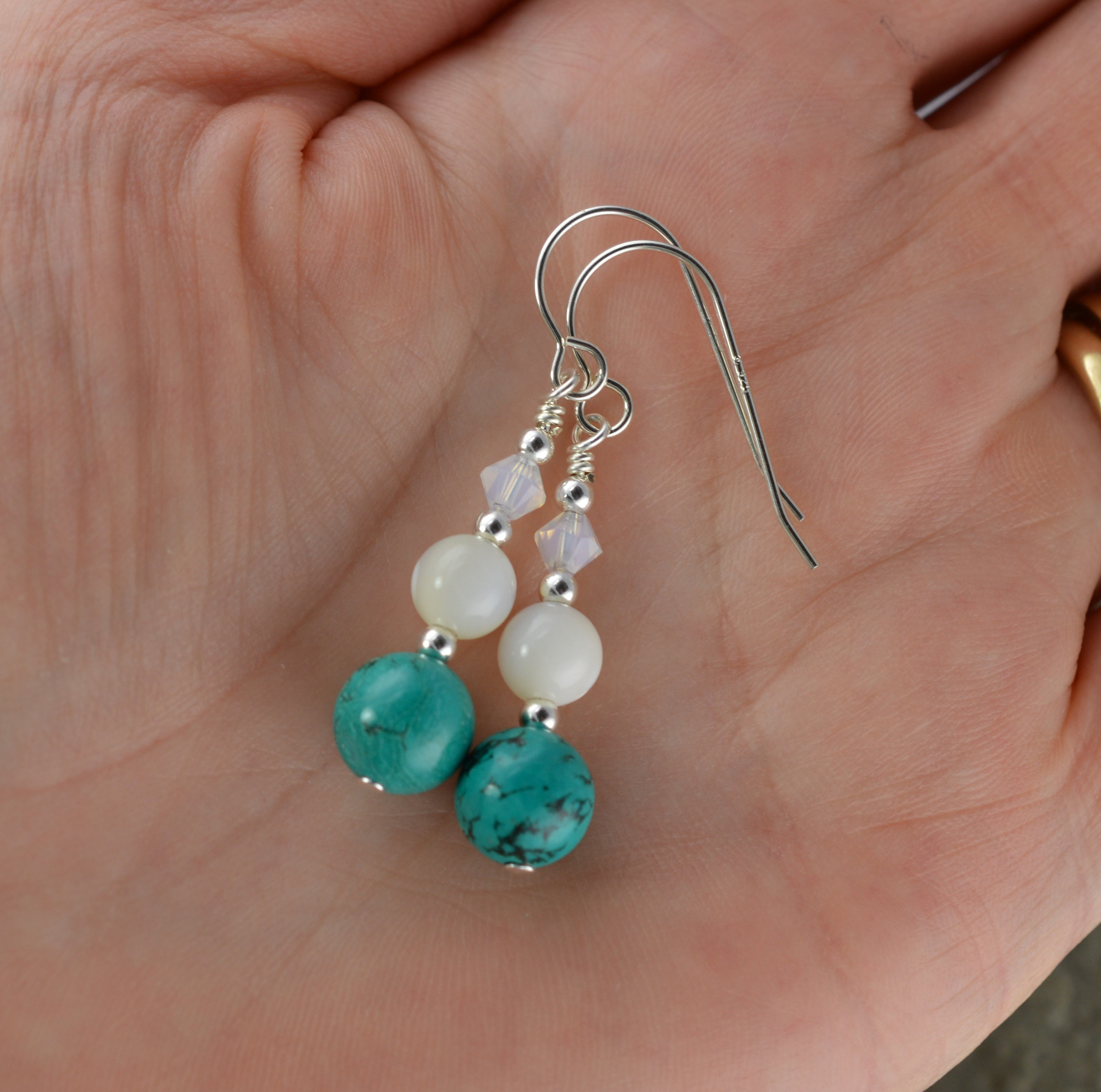 Gema turquesa madre de perla cristal blanco y pendientes - Etsy España