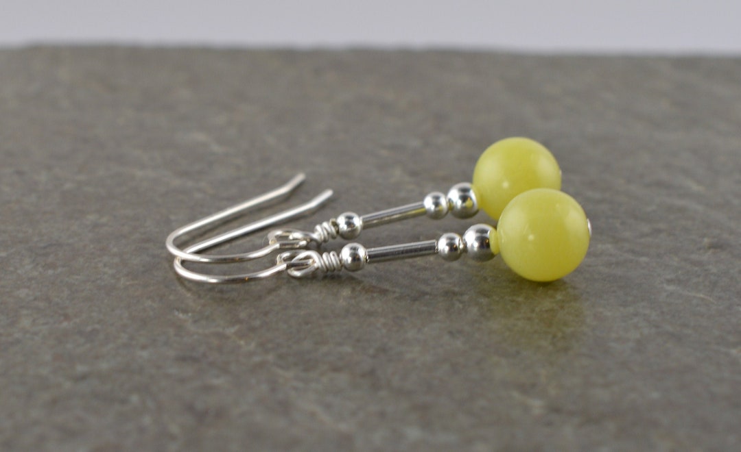 Simple Round Yellow Lemon Jasper Gemstone & Sterling Silver Hook Drop ...