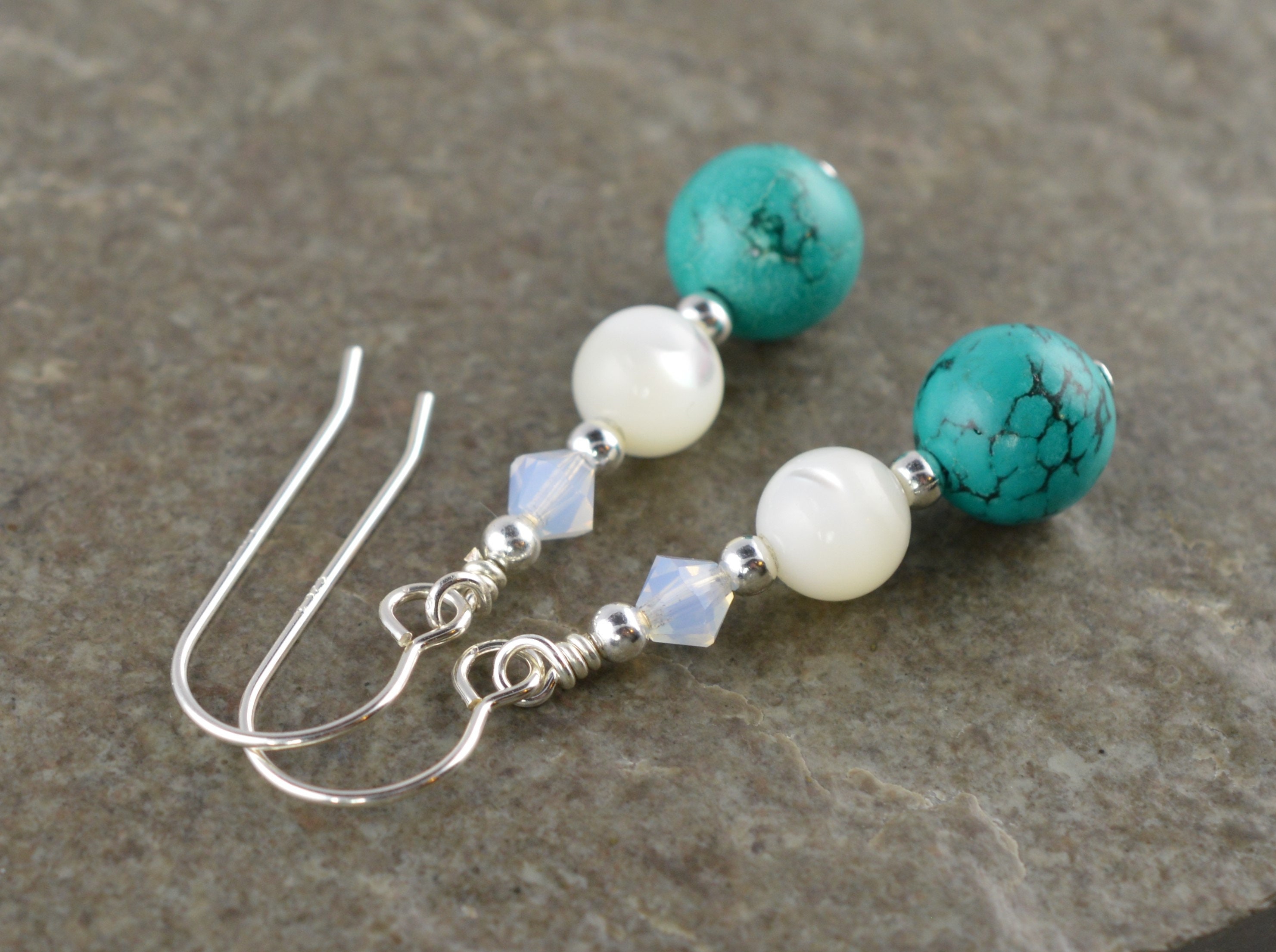 Gema turquesa madre de perla cristal blanco y pendientes - Etsy España