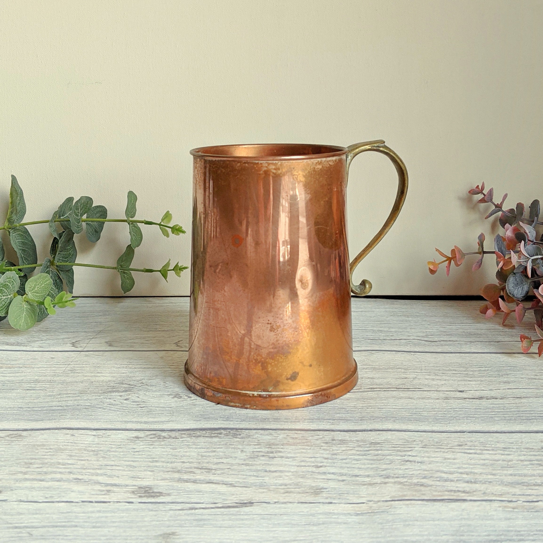 Large antique copper tankard/mug with brass handle | Etsy